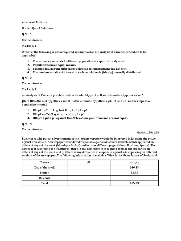 Advanced Statistics - Graded Quiz 1 - Solution | PDF | Degrees Of Freedom (Statistics) | Errors ...