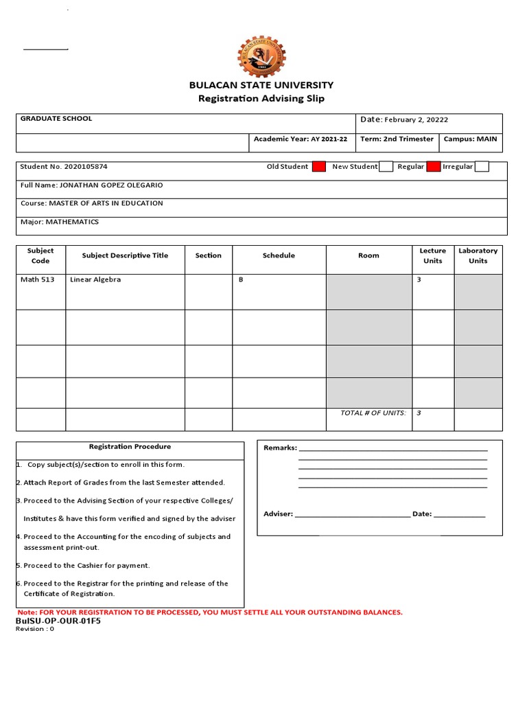 Bulacan State University Registration Advising Slip: Total # of Units ...