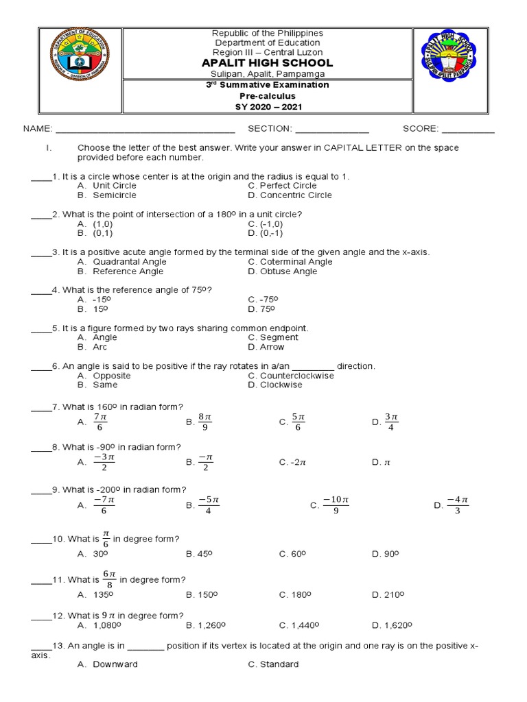 Apalit High School: 3 Summative Examination Pre-Calculus SY 2020 - 2021 ...