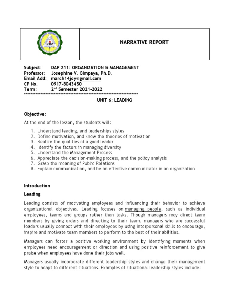 Narrative Report | PDF | Leadership | Leadership
