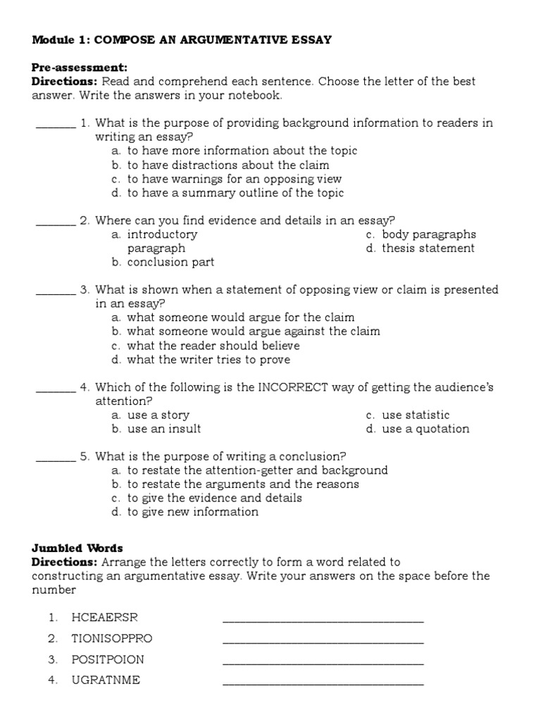 Module 1: Compose An Argumentative Essay Pre-Assessment: Directions ...