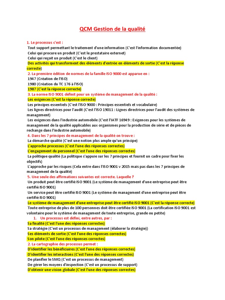 QCM sur la Gestion de la Qualité | PDF | Système de management de la ...