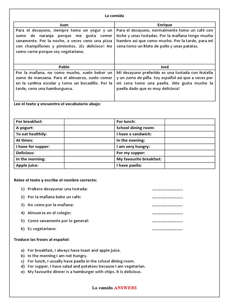 Comidas y preferencias de cuatro amigos | PDF | Comida | Comida ...