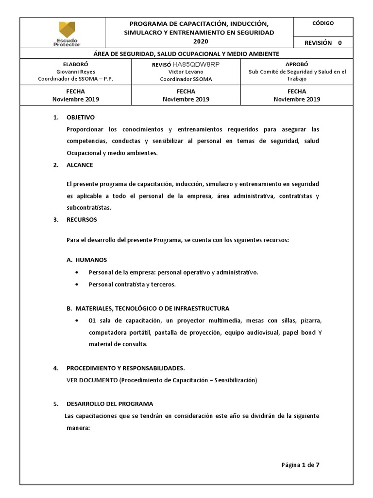 Programa de Capacitación SST 2020 - EP | PDF | Seguridad y salud ...
