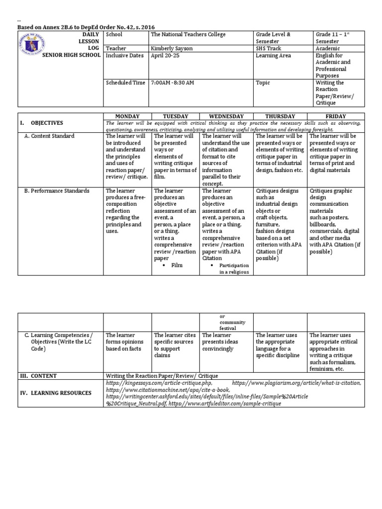Based On Annex 2B.6 To Deped Order No. 42, S. 2016 Daily Lesson Log ...