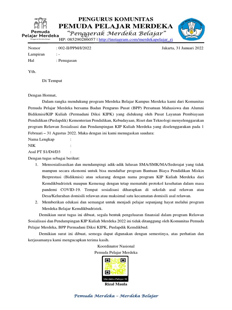 002 - Surat Tugas Relawan KIP Kuliah Merdeka | PDF