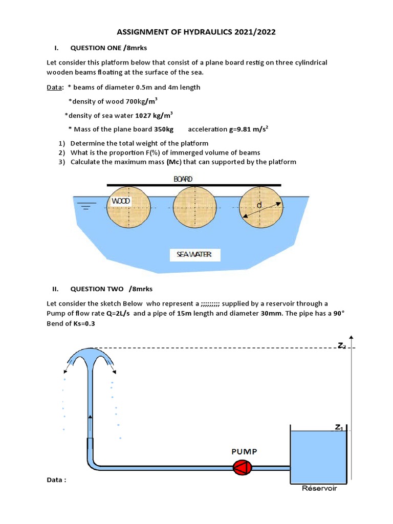 Assignment of Hydraulics 2021/2022: I. Question One /8Mrks | PDF