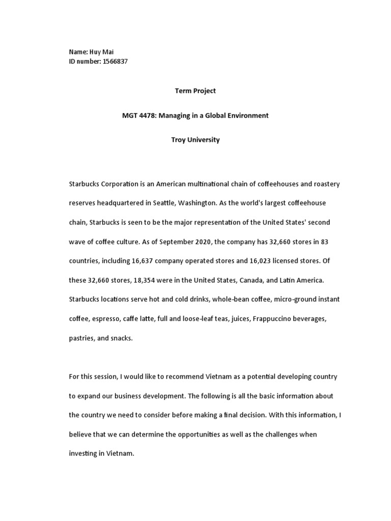 Term Project MGT 4478: Managing in A Global Environment Troy University ...