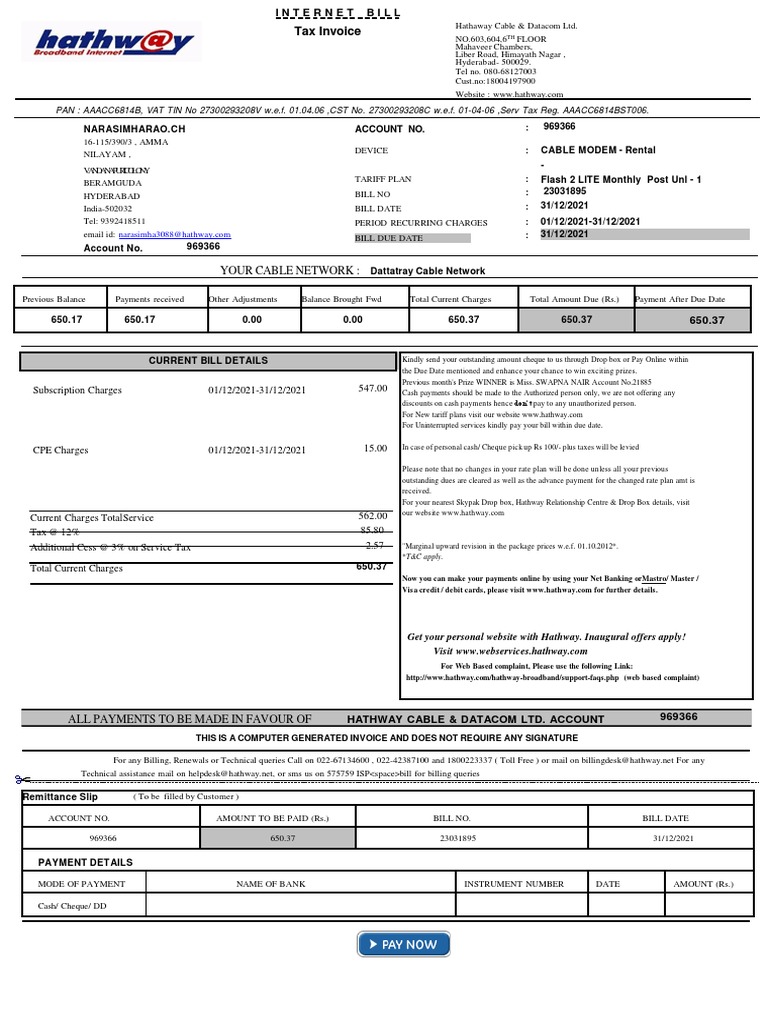 Internet Bill Dec | PDF | Payments | Invoice
