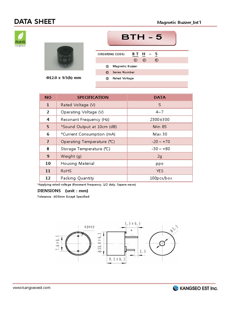 Data Sheet: Magnetic Buzzer - Int'l | PDF | Frequency | Resonance