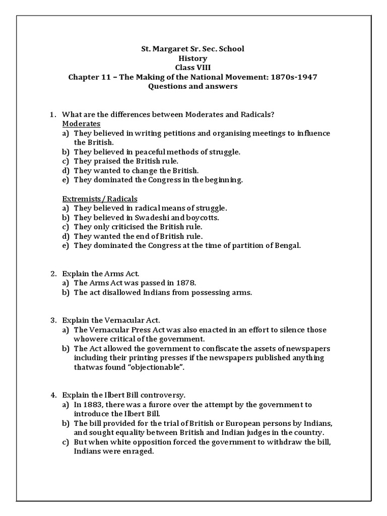 The Making of The National Movement - 1870s-1947 - Questions Answers ...