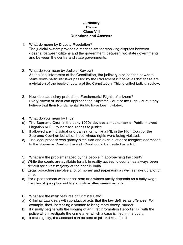 Class 8 Civics: Judiciary Q&A Guide | PDF | Supreme Court Of India ...