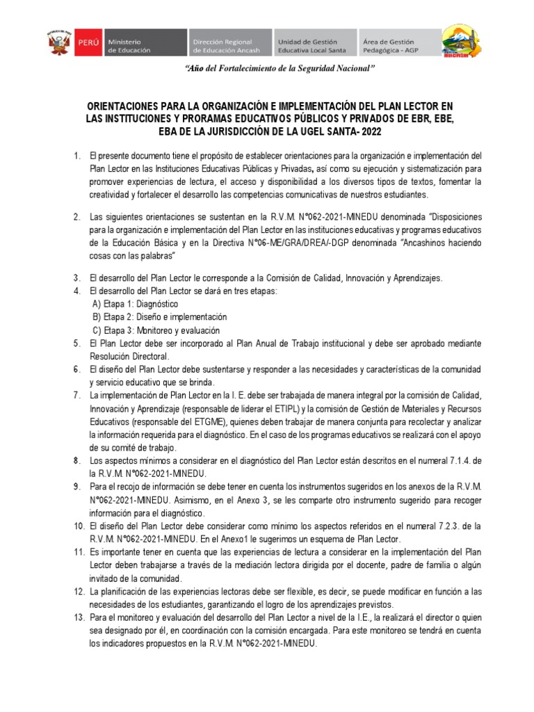 002 Orientaciones de Implementación Del Plan Lector-Ugel Santa 2022 | Descargar gratis PDF ...
