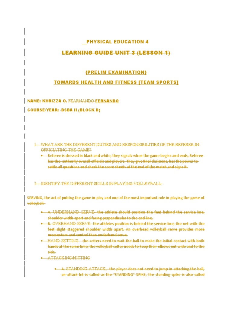 Learning Guide Unit 3 (Lesson 1) : Physical Education 4 | PDF | Volleyball