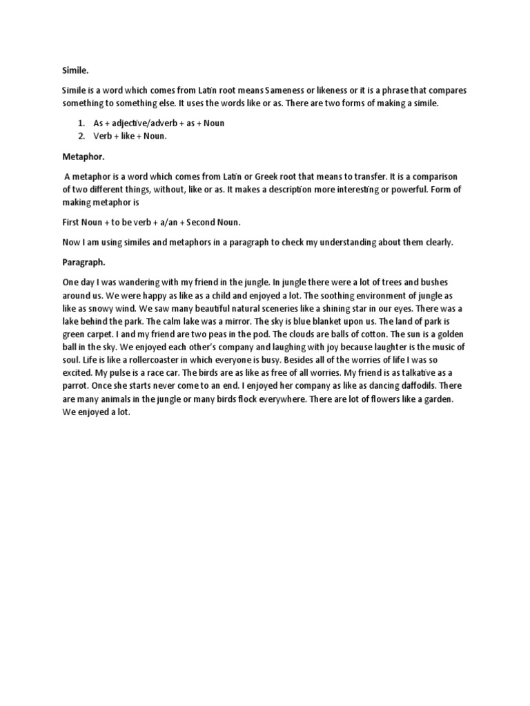 Exploring Similes and Metaphors: A Paragraph Using Figurative Language ...