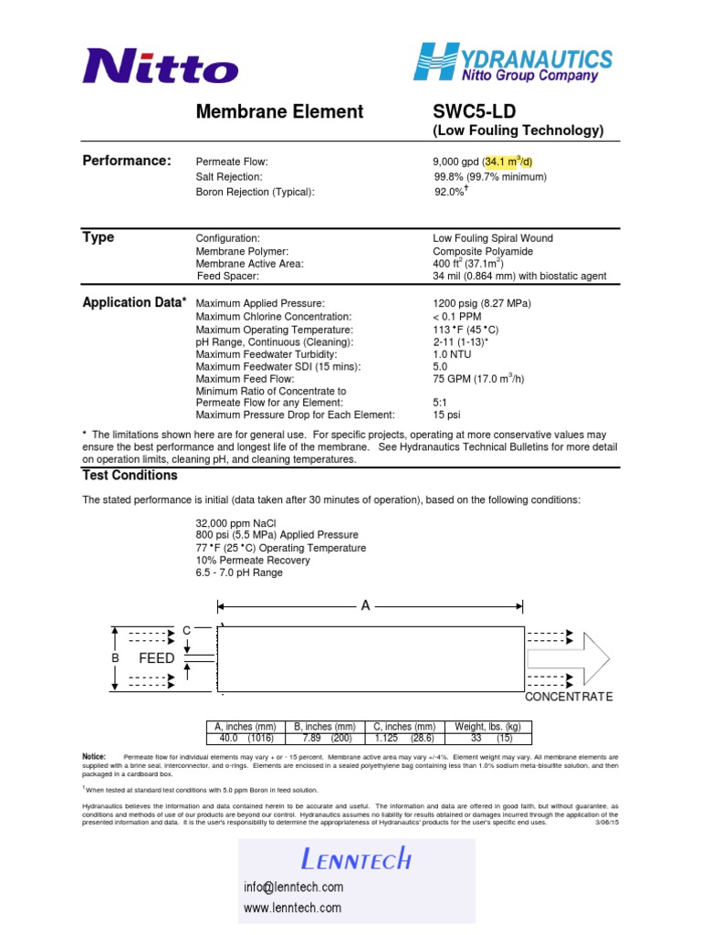Hydranautics SWC5 LD L | PDF | Membrane | Sodium Chloride