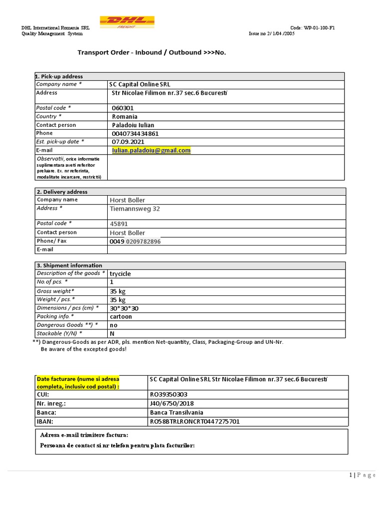 DHL Order Form | PDF | Dangerous Goods | Cargo