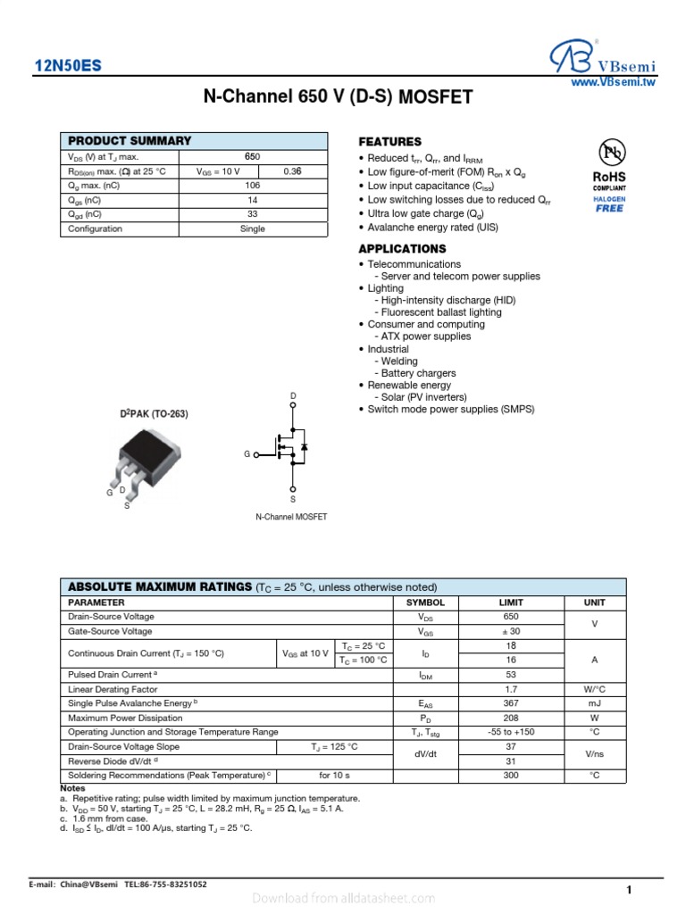 12N50ES N-Channel MOSFET Datasheet | PDF | Field Effect Transistor ...
