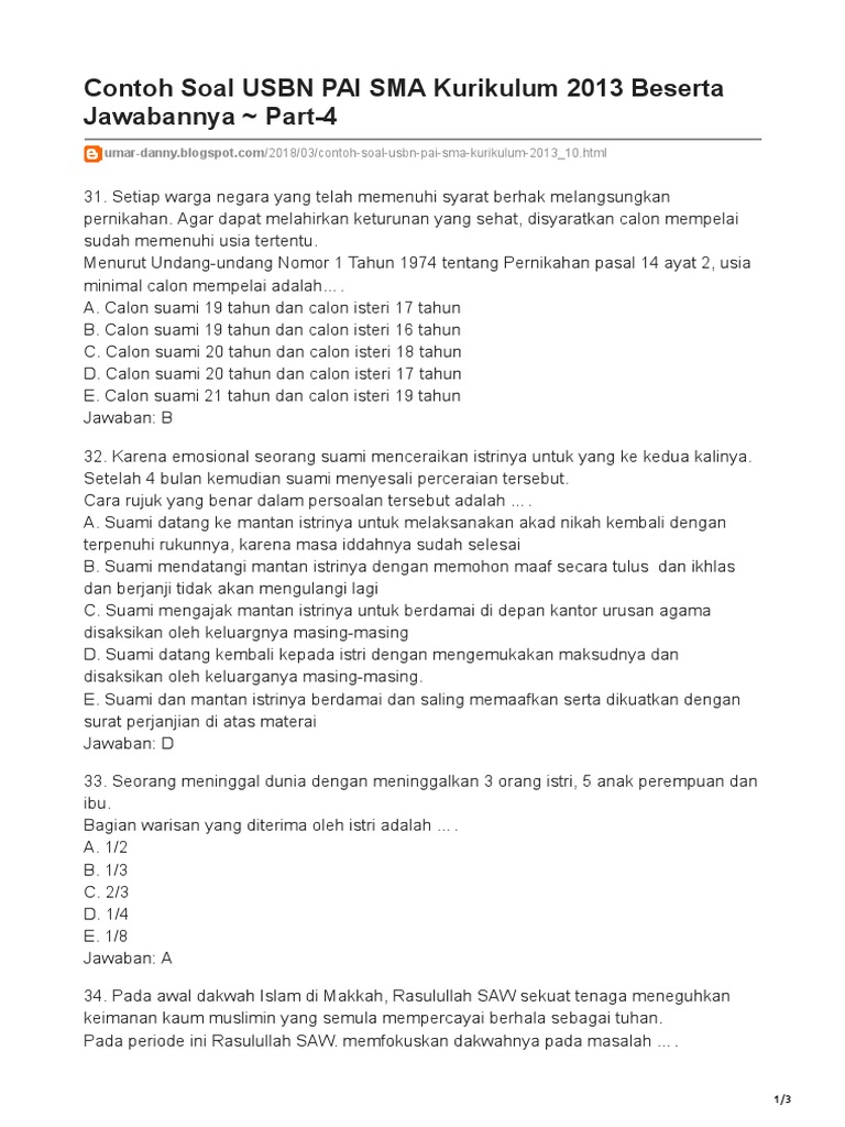 Contoh Soal USBN PAI SMA Kurikulum 2013 Beserta Jawabannya Part-4 | PDF | Sejarah | Agama ...