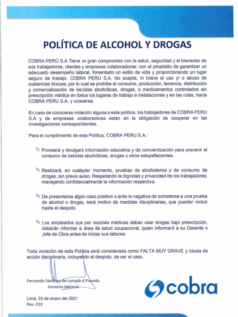 Politica de Alcohol y Drogas Rev.10 | PDF