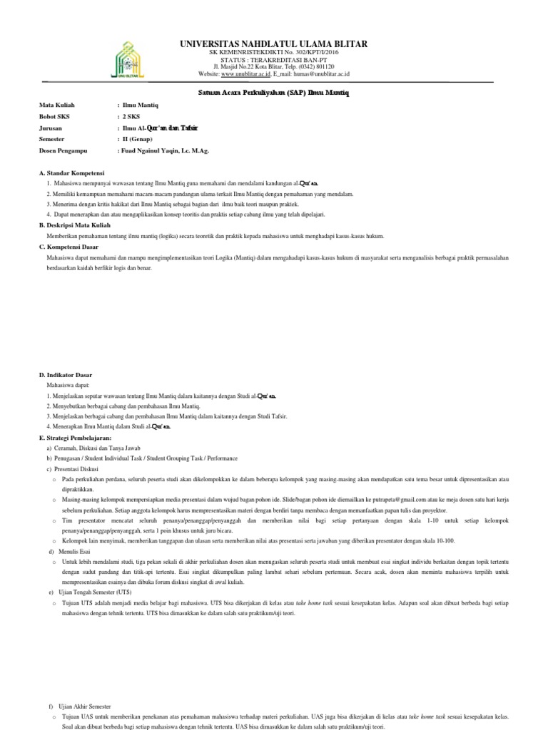 SAP Dan SILABUS ILMU MANTIQ IAT UNU | PDF