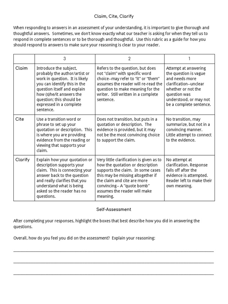 1 - Claim, Cite, Clarify Rubric | PDF | Question | Evidence