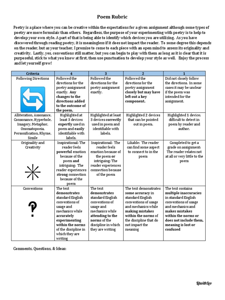 5 - Poem Rubric | PDF | Poetry | Rubric (Academic)