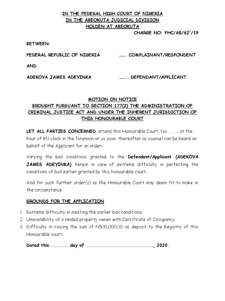 Adekoya James Adeyinka Variation of Bail | PDF | Bail | Affidavit