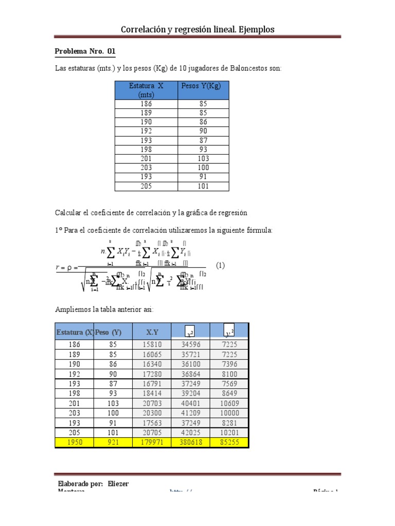 Coeficiente de Correlacion y Regresion Lineal Ejemplos | Descargar gratis PDF | Regresión lineal ...