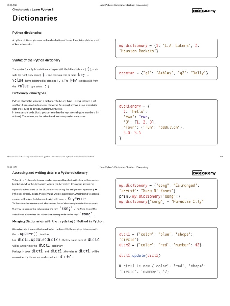Dictionaries Cheatsheet Pdf Bracket Python Programming Language