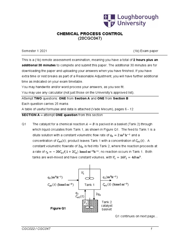 Chemical Process Control: Additional 30 Minutes To Complete and Submit ...