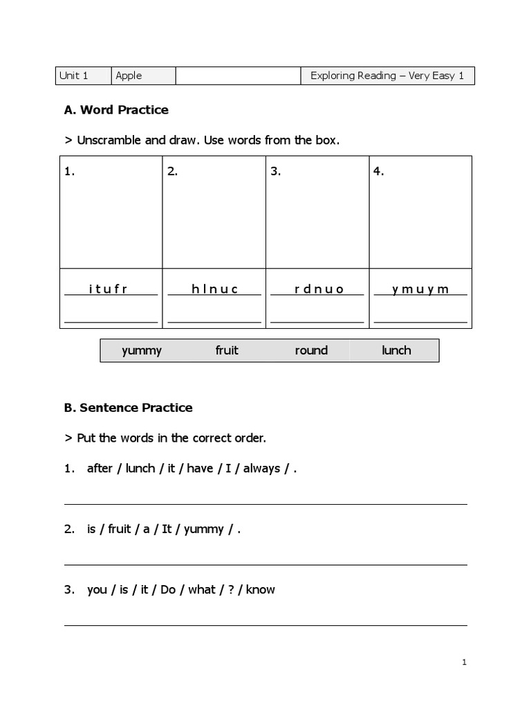 A. Word Practice: Unit 1 Apple Exploring Reading - Very Easy 1 | PDF