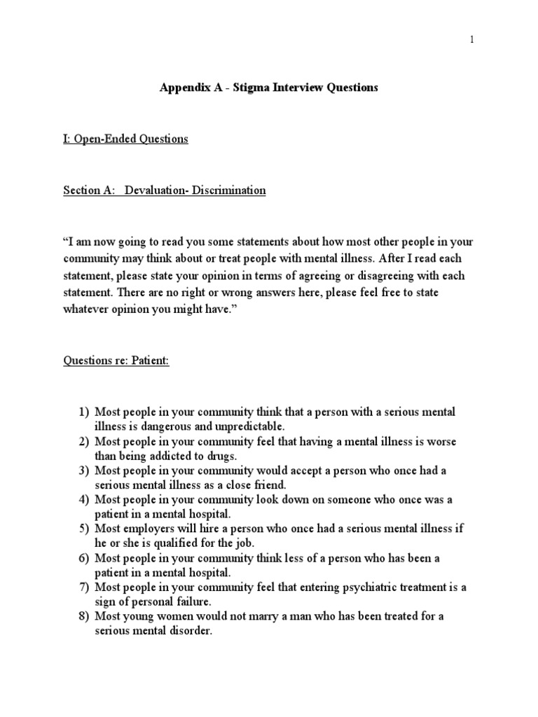 Mental Health Stigma Interview Questions | PDF | Mental Disorder ...