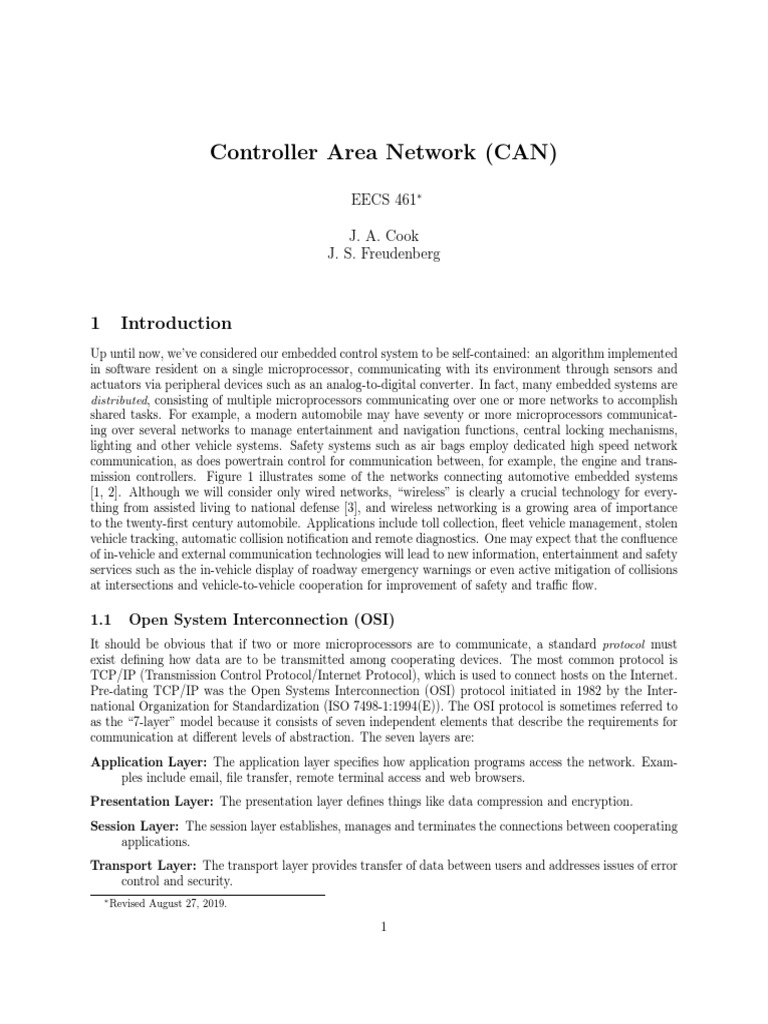Controller Area Network (CAN) : EECS 461 J. A. Cook J. S. Freudenberg | PDF | Osi Model ...