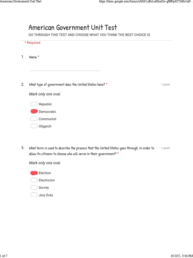 American Government Unit Test 2 | PDF