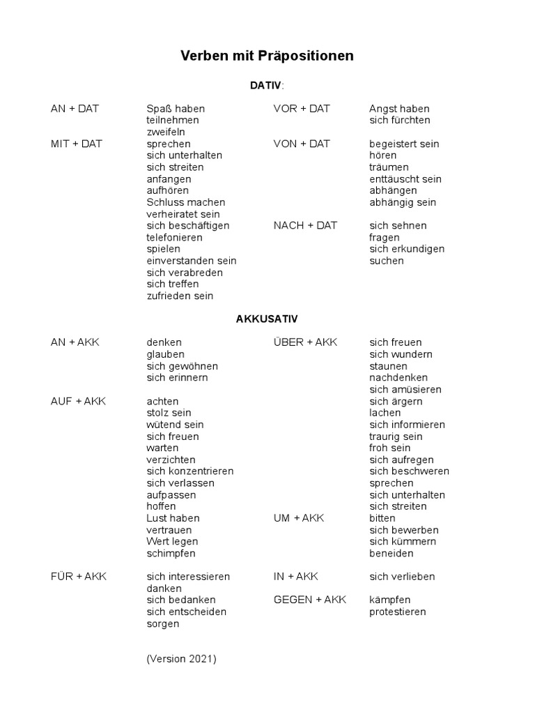 Verben Mit Präpositionen - Übersicht (B1 LB) | PDF