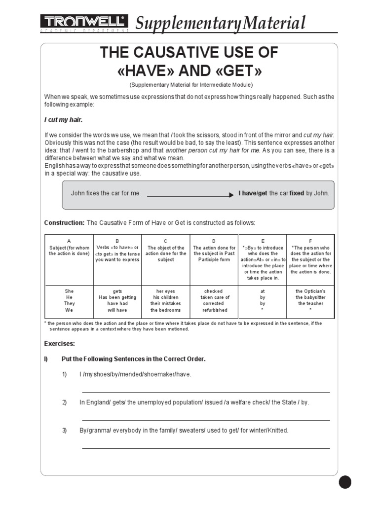 Intermediate 2019 - Causative HAVE and GET | PDF | Verb | Subject (Grammar)