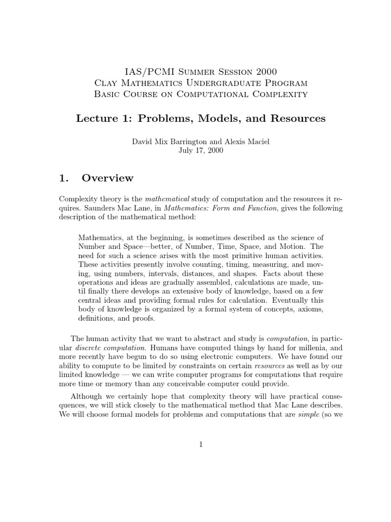 Lecture 1: Problems, Models, and Resources | PDF | Time Complexity | Computational Complexity Theory