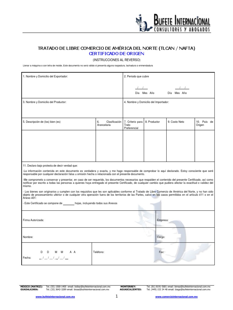 Certificado de Origen TLCAN | PDF Certificado de Origen TLCAN | PDF