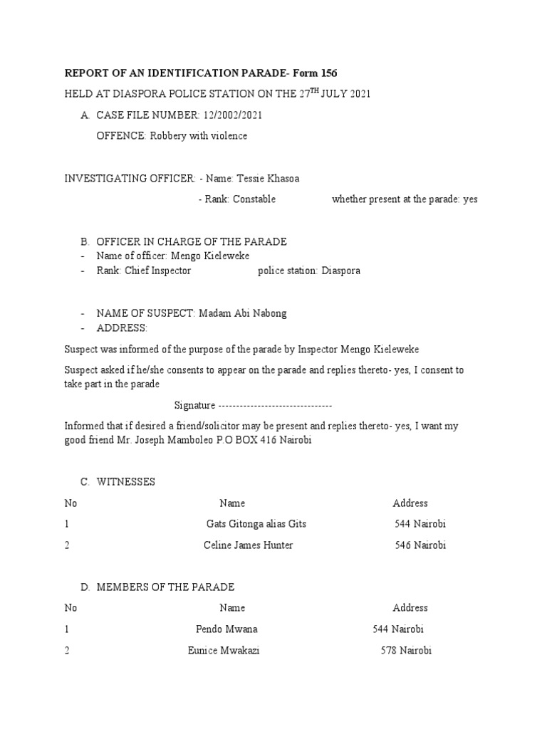 Form 156 Report of An Id Parade | PDF | Criminology | National Security