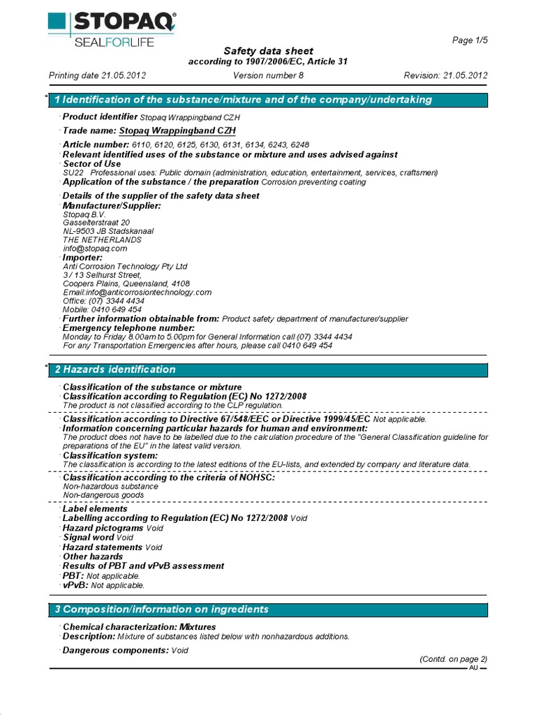 MSDS - Stopaq CZH Wrappingband | PDF | Dangerous Goods | Toxicity