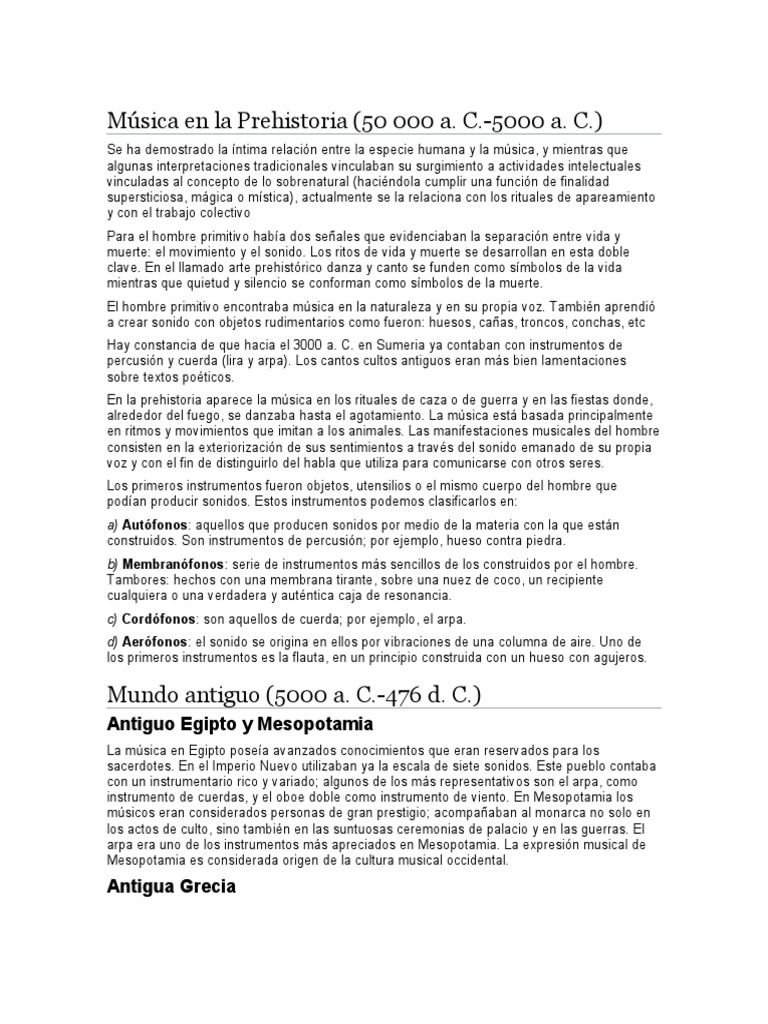 Música en la Prehistoria y Antigüedad | PDF | Instrumentos musicales
