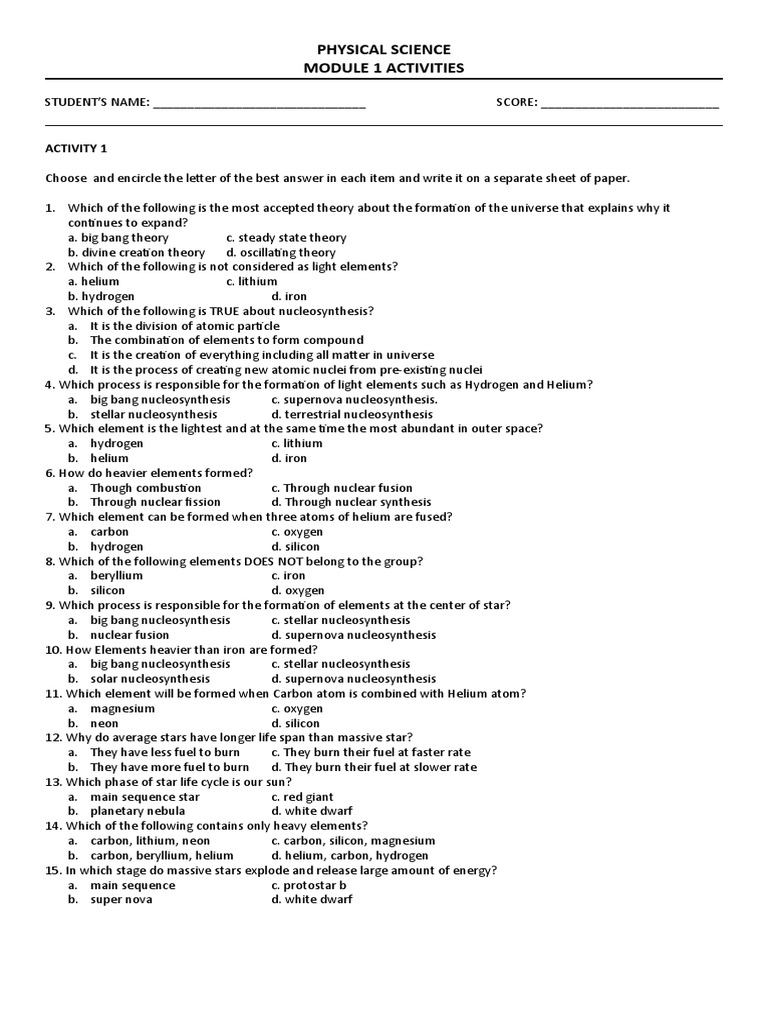 Physical Science Module 1 Activities: Activity 1 | PDF | Stars ...
