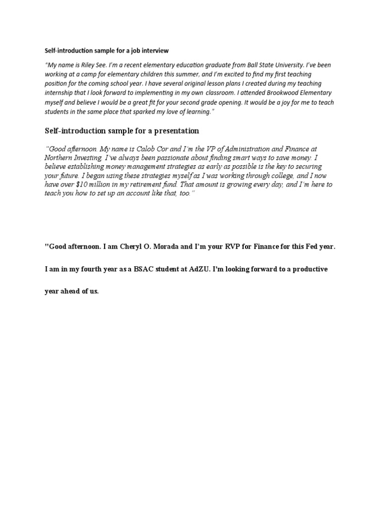Self-Introduction Sample For A Job Interview | PDF