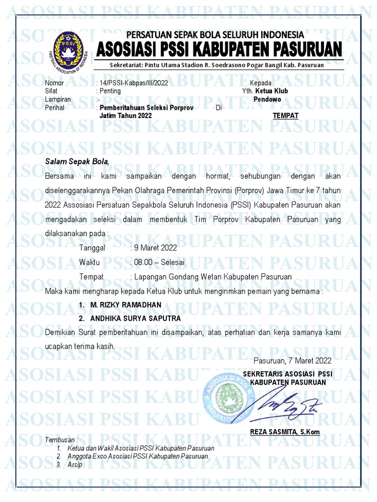 14 Surat Pemberitahuan Seleksi Porprov Pendowo | PDF