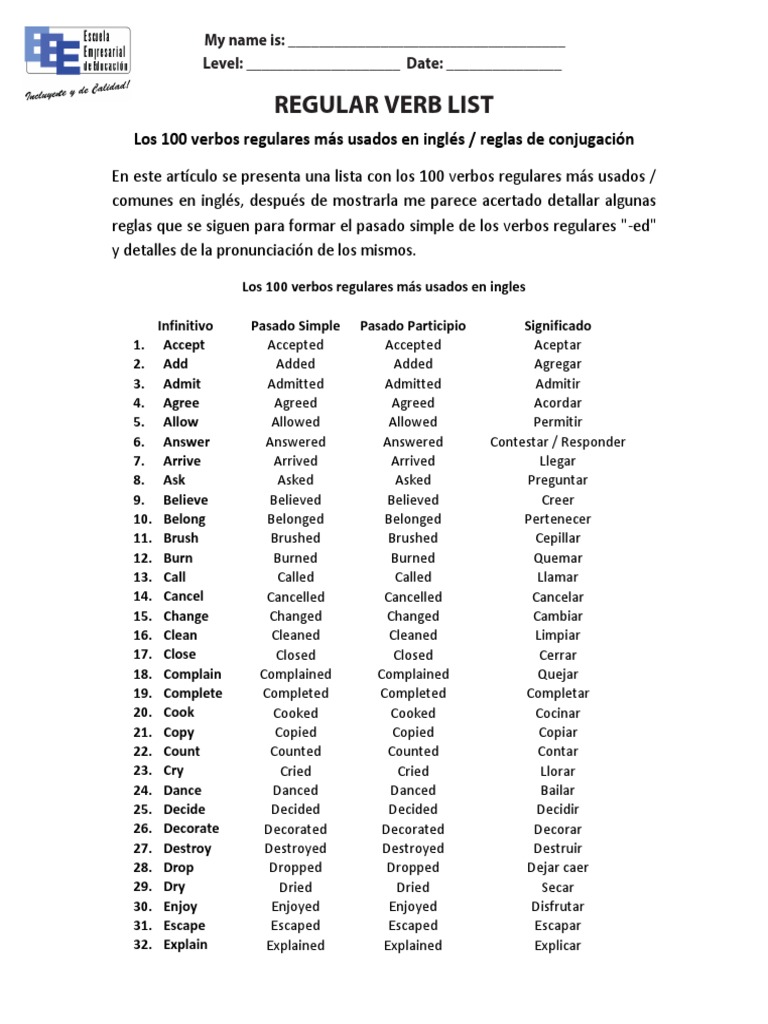 Regular Verb List | PDF