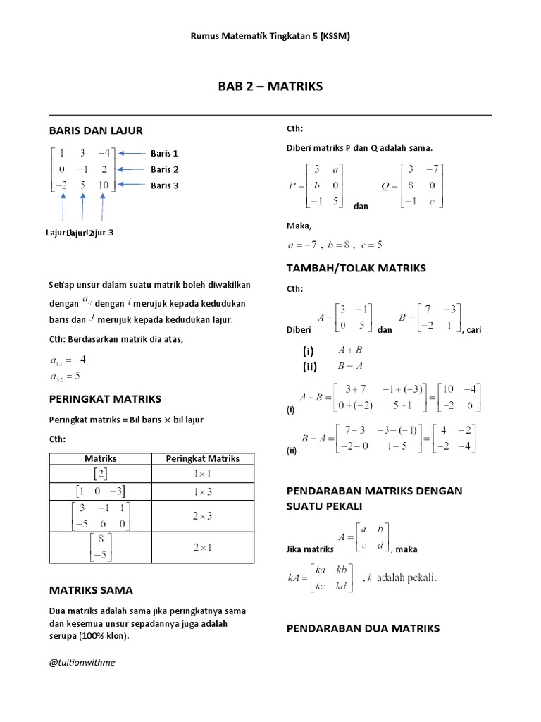 Nota Matematik Tingkatan 5 BAB 2-Matriks | PDF