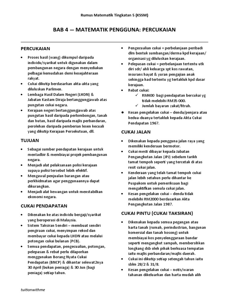 Nota Matematik Tingkatan 5 BAB 4-MATEMATIK PENGGUNA PERCUKAIAN | PDF