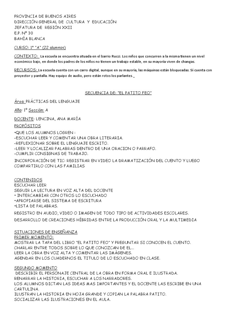 Secuencia Didáctica: El Patito Feo | PDF