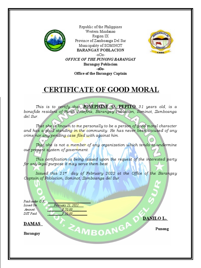 Certificates of Good Moral Character from Barangay Poblacion | PDF ...